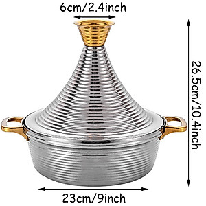 304 Stainless Steel Tagine Pot Moroccan Cooker Non Stick Cooking Pot with 2 Handle Large Moroccan Cooking Tagine Pot with Cone-Shaped Closed Lid,Silver,23cm