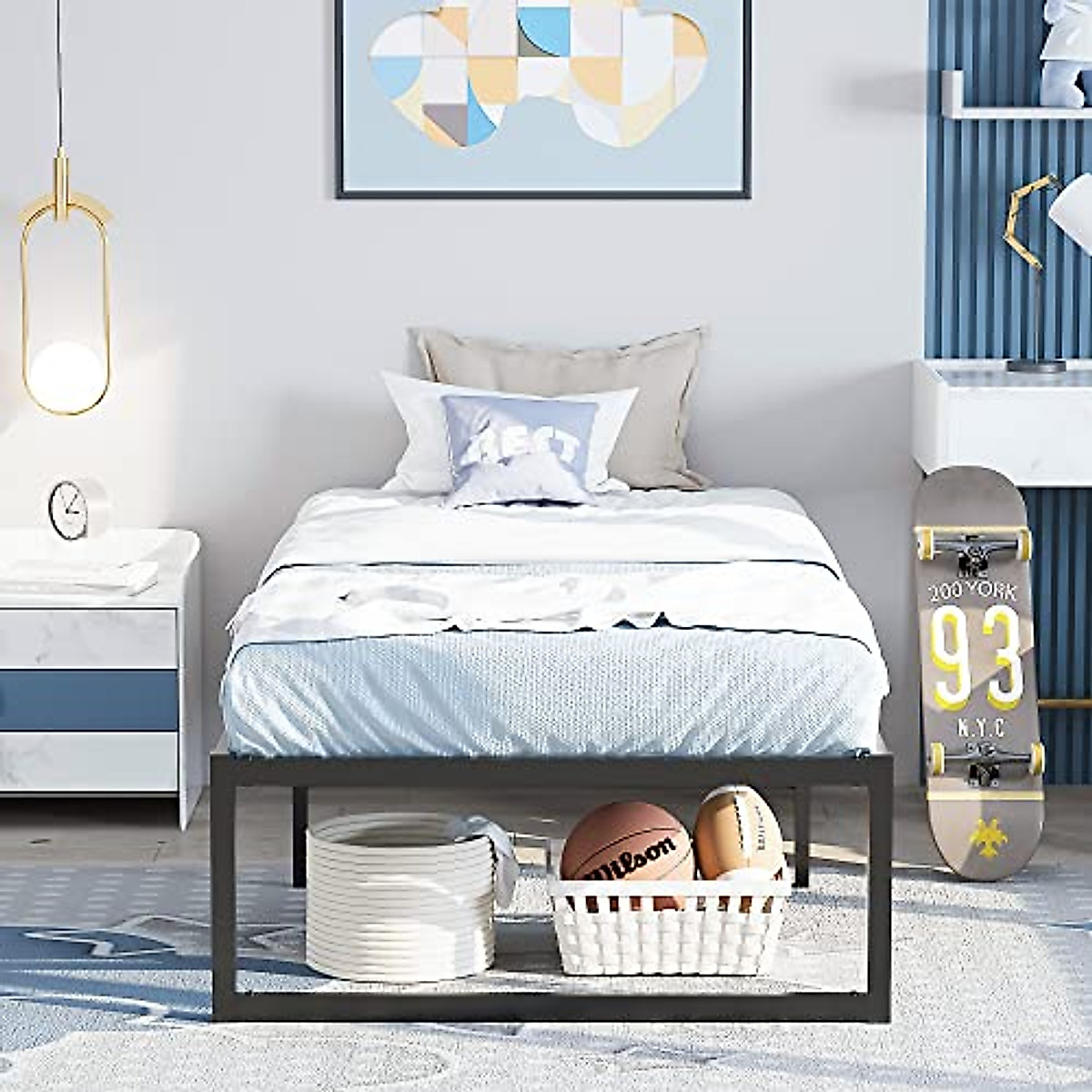Elephance Twin Bed Frame with Storage Space 16 Inch Black Kids Student Bedframe No Box Spring Needed Metal Platform with Heavy Duty Steel Slat Support, Easy Assembly