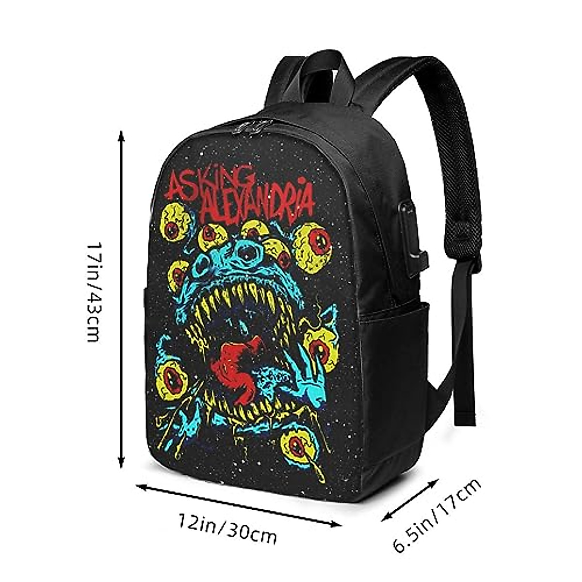 Qcosjeem Asking Rock Band Alexandria Backpack,unisex casual book bags,external usb interface,earphone cable interface,label.traveling backpack suitable for laptop Fashion usb Backpack