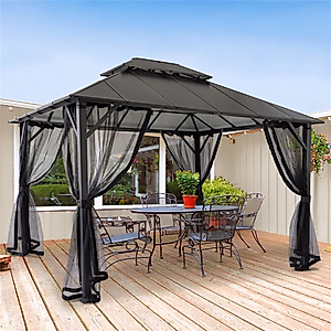 Walnut 12 ft. x 10 ft. Aluminum Hardtop Outdoor Patio Gazebo with Insulated Double-Roof Hardtop and Netting