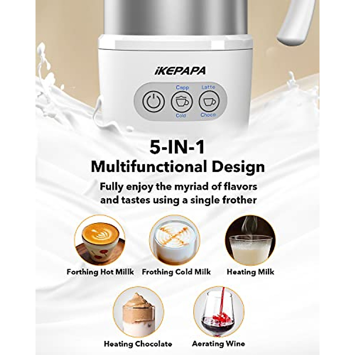 iKEPAPA Milk Frother – Electric Milk Frother and Steamer for Home – 13.5oz/380ml Large Capacity – 5-in-1 Functions with Heating and Frothing – Ideal for Latte, Cappuccino, Chocolate, Hot Milk, 500W
