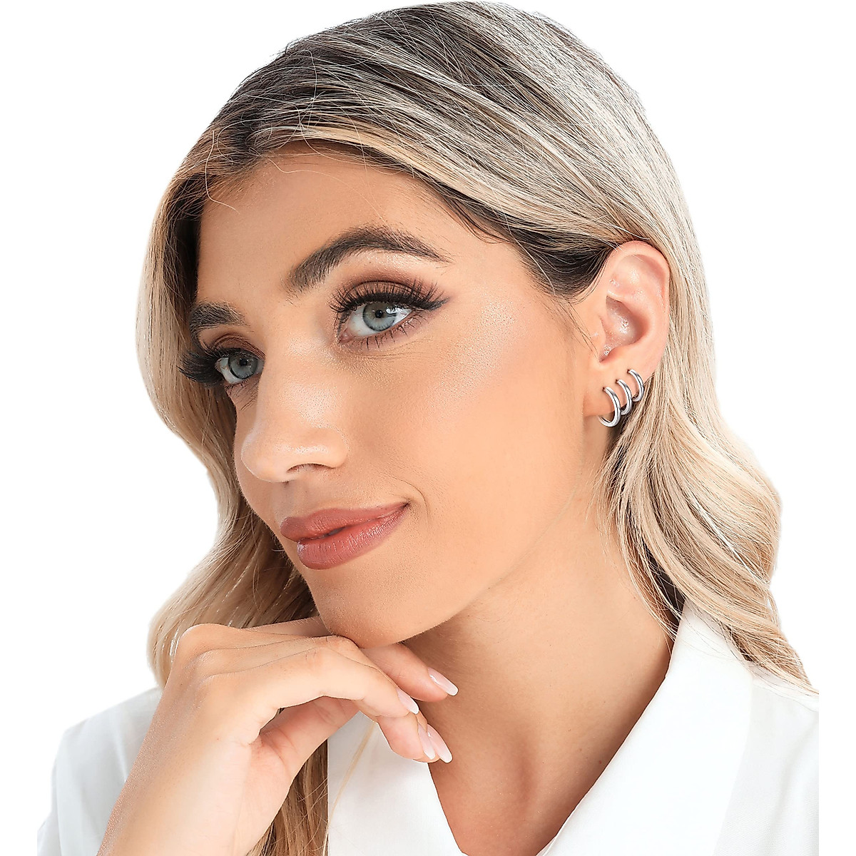 3 Pairs 925 Sterling Silver Hoop Earrings 14K White Gold Plated Small Silver Hoop Earrings for Women Huggie Cartilage Hoop Earrings for Women Men (8 10 12MM)