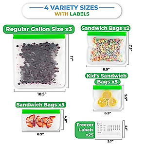 15 PacK Bpa Free Freezer Bags In 4 Sizes With Freezer Labels BPA Free Reuseable Plastic Bags, Reusable Gallon Freezer Bags, Silicone Sandwich Bags Reusable, 5 x 6 Reusable Snack Bags for Kids