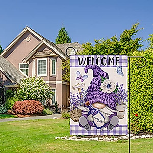 Dyrenson Welcome Spring Gnome Lavender Anemone Flower Decorative Garden Flag, Purple Buffalo Plaid Check Butterfly Floral House Yard Outside Decorations, Summer Farmhouse Outdoor Small Decor 12x18