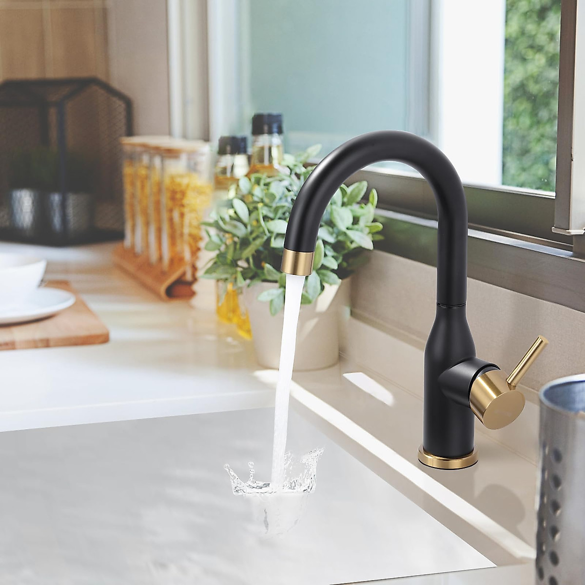 WOWOW Bar Sink Faucet Black and Gold Modern Single Handle Bar Faucet 1 Hole Small Kitchen Sink Faucet 360 Swivel RV Sink Faucet Mini Bar Tap with Water Supply Hoses
