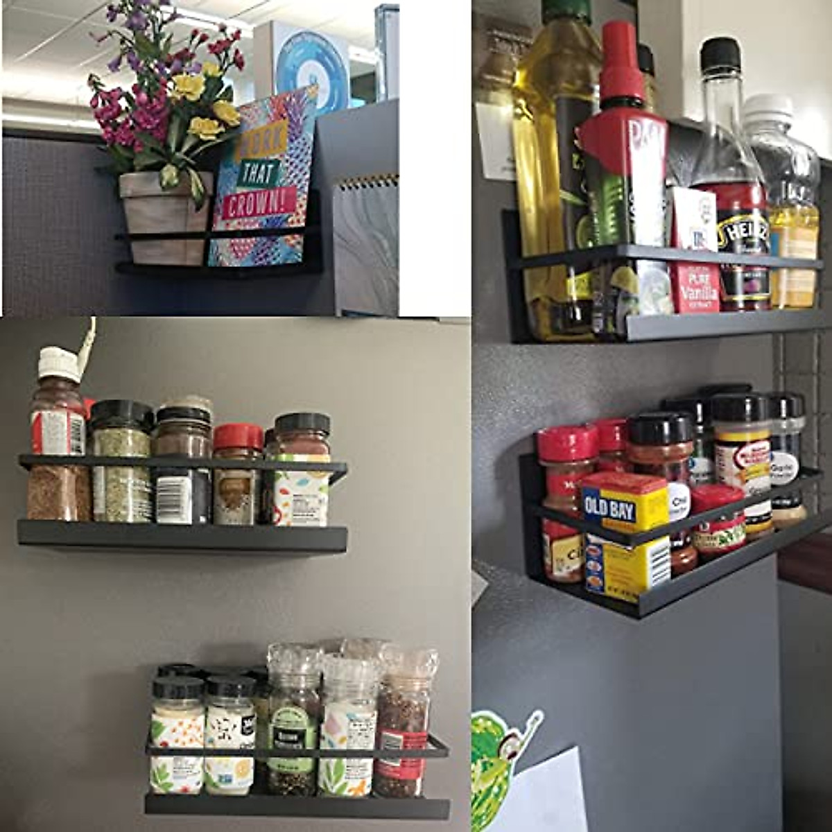 FEULAM Magnetic Spice Rack Organizer, Magnetic Shelf For Refrigerator, Magnetic Spice Rack For Refrigerator With 2 Hooks, Space Saving Magnetic Fridge Spice Rack Black