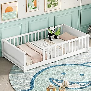 LostCat Twin Size Floor Bed Frame with Fence and Magazine Rack, Wood Montessori Floor Bed with Guardrails and Slat Support, Floor Bed Frame for Kids Girls Boys, White