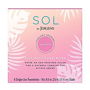 SOL by Jergens Full Body Self Tanner Towelettes, Streak-free Natural-Looking Sunless Tanning Wipes, 6 Count, Infused with Coconut Water and Vitamin E, Sun-inspired Color in 4 Hours