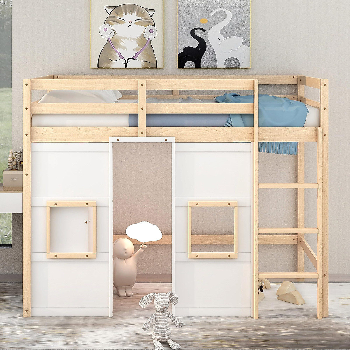 VilroCaz Playhouse Design Twin Size Loft Bed with Built-in Storage Wardrobe and 2 Windows, Solid Wood Loft Bed Frame with Safety Guardrail for Kids Teens Boys Girls, Space-Saving (Whit+Natural)