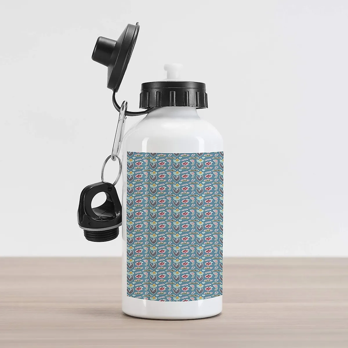 Ambesonne Nature Aluminum Water Bottle, Doodle Forest Elements with Ladybugs Flowers and Thickets Ornamented with Curls, Aluminum Insulated Spill-proof Travel Sports Water Bottle, Multicolor