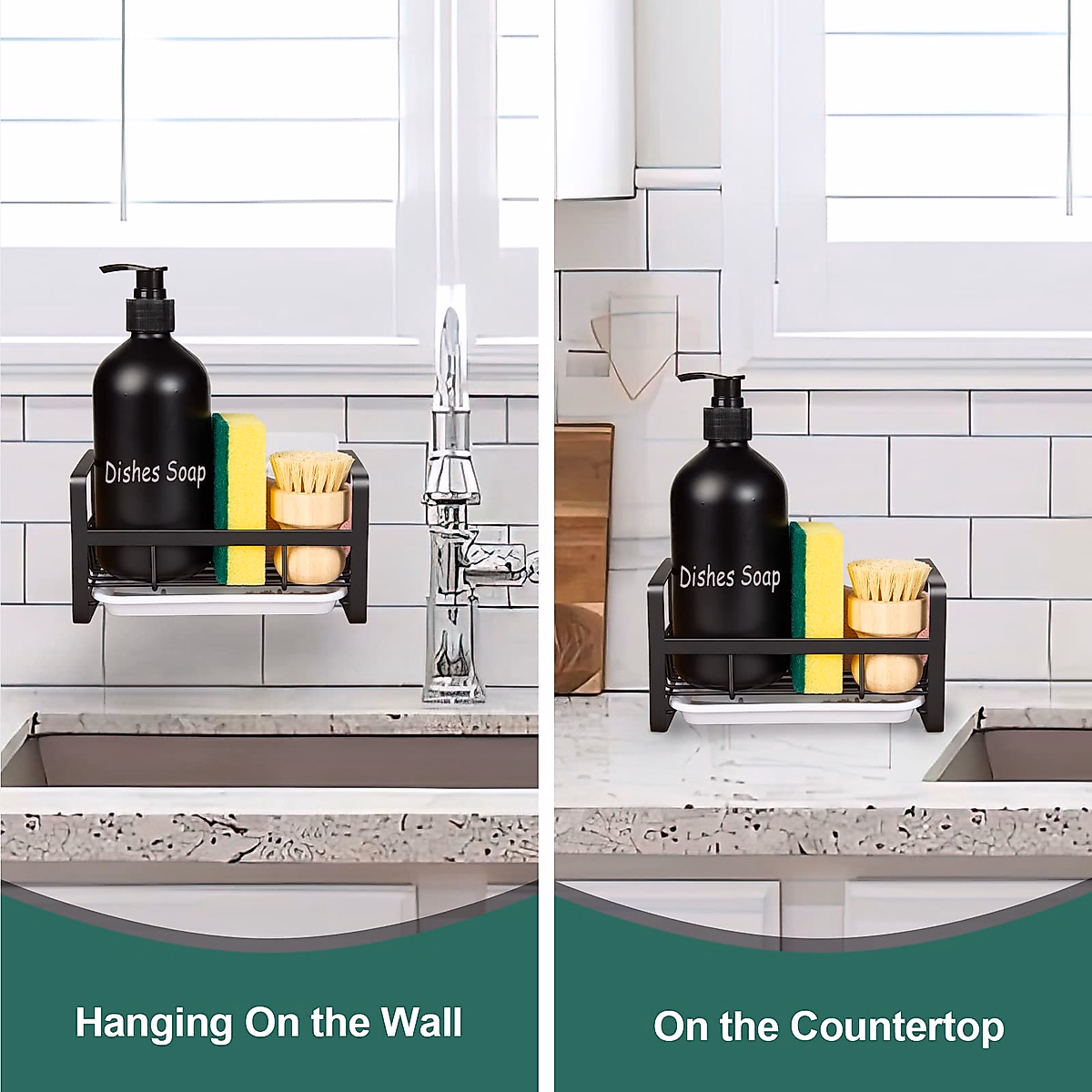 TEZZ Sponge Holder for Kitchen Sink- Stainless Steel Kitchen Sink Caddy for Organizing Sponge, Brush & Soap Dish Dispenser, Kitchen Sink Organizer Rack with adhesive or Counter top