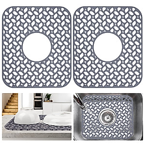 JUSTOGO Silicone Sink Mat, Grey Kitchen Sink Mats Grid Accessory, 2 PCS Folding Non-Slip Sink Protector for Kitchen Bottom of Farmhouse Stainless Steel Porcelain Sink (Center Drain, 13.58''x 11.6'')