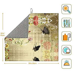 Flowers Butterfly Printed Drying Mat For Kitchen Ultra Absorbent Microfiber Dishes Drainer Mats Non-Slip Silicone Quick Dry Pad - 18 X 16inch