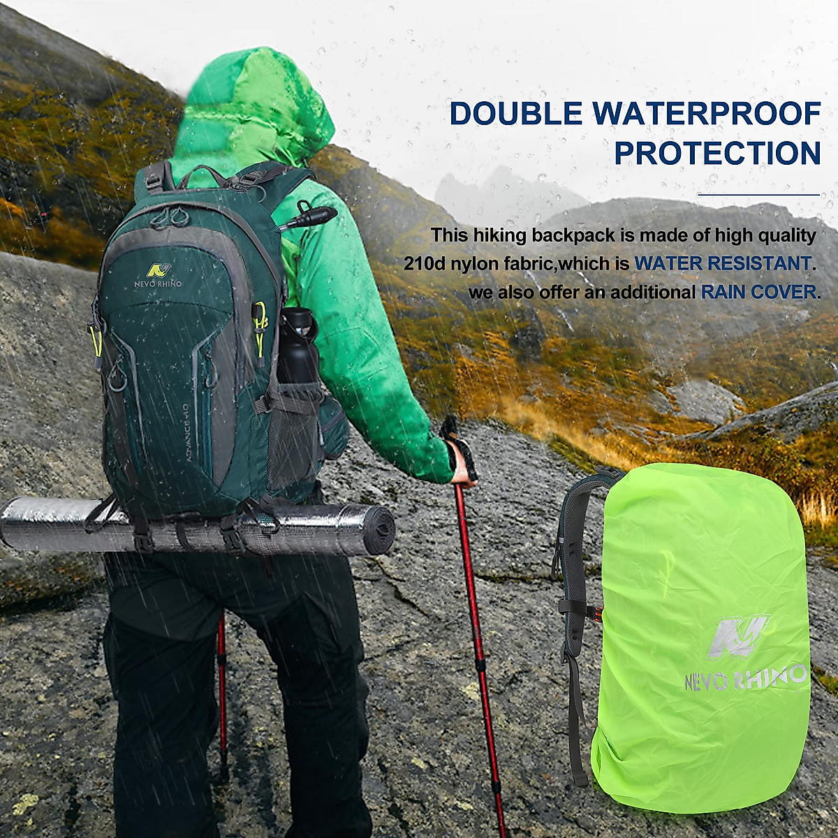 N NEVO RHINO Waterproof Hiking Backpack 40L 50L, Camping, Outdoor Sport Travel Backpack with Rain Cover for Men Women
