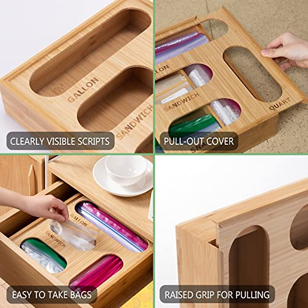 Empaxum Bamboo Ziplock Bag Storage Organizer for Kitchen Drawer Baggie Organizer Dispenser with Lids for Drawer Food Storage Bag Organizer for Gallon, Quart, Sandwich and Snack Bags