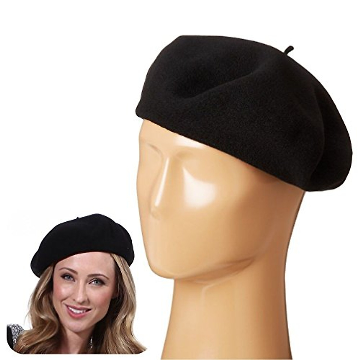 Women French Wool Beret Hats - Solid Color Classic Beanie Winter Cap (Black)