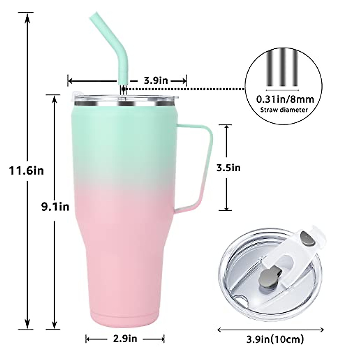Zenbo 40 oz Tumbler with Handle - Stainless Steel Vacuum Insulated Cup with Lid and Straw, Keeps Drinks Cold up to 34 Hours - Sweat-Proof Body, Dishwasher Safe