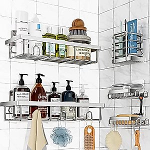 Bunoxea Shower Caddy, 5-Pack Shower Shelves,Adhesive Shower Organizer Shelves,Large Capacity,Rustproof Shower Caddy Basket Shelf,Shower Shelf for Bathroom & Kitchen Storage,Silver