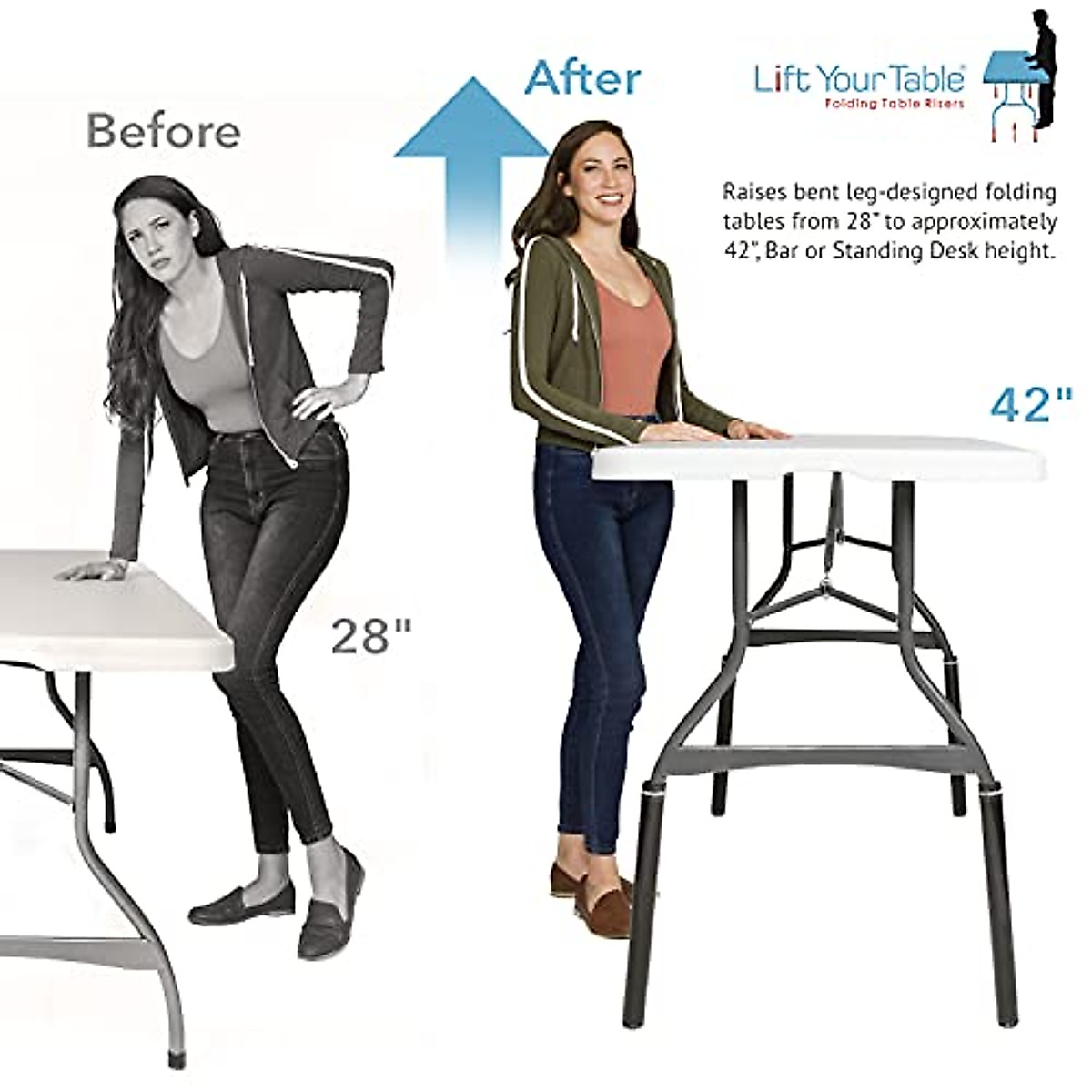 Lift Your Table® Folding Table Risers, Made in The USA, Standing Desk Kit, Easy-to-Use Bent Leg Folding Table Extensions, Raises Folding Tables 14” Inches. Durable, Sturdy. Set of 4, Black