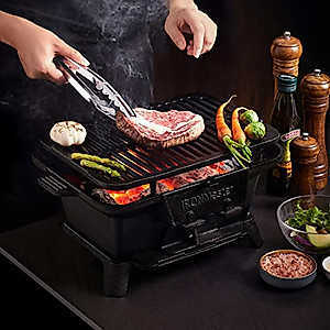 IronMaster Pre-Seasoned Cast Iron Hibachi Grill & Carrying case, Portable for Outdoor Japanese Yakitori BBQ Charcoal Grills, 2 Heights, Air Control & Coal Door