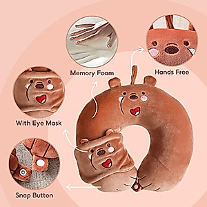 MINISO Travel Neck Pillow with Eye Mask, We Bare Bears Memory Foam Neck Support Cartoon Pillow Valentine's Day Gift for Traveling, Sleeping, Airplane, Car, Home & Office(Grizzly)