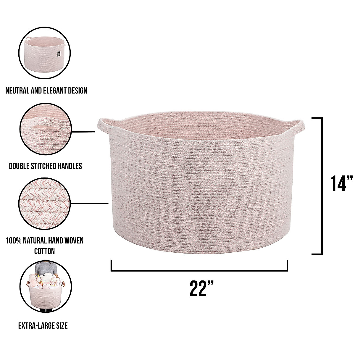 Pink Storage Basket - 22”x14” | Baby Girl Laundry Basket | Toy Bin | Woven Baskets for Storage | Fabric Laundry Baskets for Storage