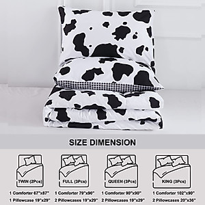 PERFEMET Cow Print Bedding Comforter Set Queen Size Black and White Reversible Geometric Checkered Bedding Set for Kids Teens Boys Girls Rustic Animal Cowhide Pattern Bed Quilt Set