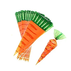 YASUOA 100 Pieces Easter Carrot Transparent Cone Cello Bags Carrot Shaped Green Top Goody Bags 7.9 * 15.4'' Plastic Treat Bags Triangle Bags for Kids Party Bean Cookies Popcorn Christmas Chocolates