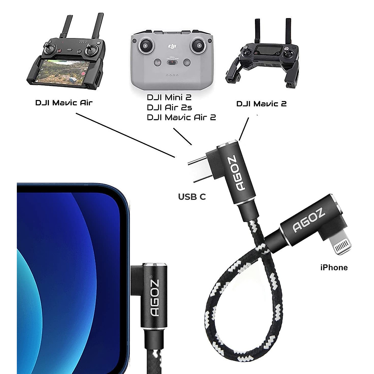 AGOZ 6 Inch USB C to Lightning Cable 90 Degree Right Angle for DJI Mavic 3, Mini 2,Air 2S, Mavic Air 2, HeavyDuty Braided, Accessories Remote Controller Extension Cord - USB C to iPhone Connector