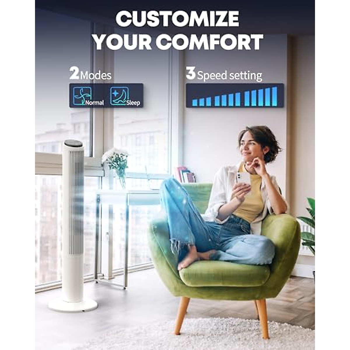 MIBOMIBO 40 inch White Tower Fan for Bedroom, Quiet Cooling Fan with LED Display, Oscillating Fans for Indoors with 3 Speeds, 15H Timer, Bladeless Fan, Standing Floor Fans,TF-K4007RW