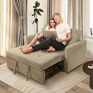 SEJOV 3-in-1 Convertible Sofa Bed, Linen Fabric Pull Out Couch Bed, Adjustable Backrest Futon Sofa Chair, Loveseat which Easy to Assembly, Sturdy Recliner for Living Room, Apartment, Brown Grey