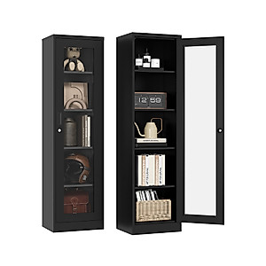 Glass Display Cabinet,Black Display Cabinet with Glass Doors,Curio Cabinet,China Cabinet Glass Door Bookcase with 5 Shelves,Locking Glass Display Case for Collectibles,Home,Office,Living Room,Bedroom