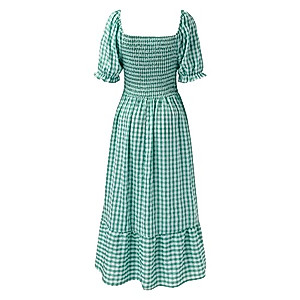 New Pleated Wrap Lace Up Short Sleeve Square Collar Long Plaid Dress Green