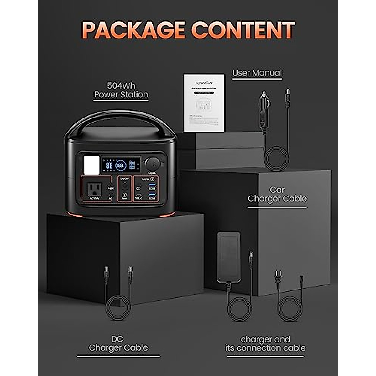 Portable Power Station, 504Wh Solar Generator 300W(500W Peak) Pure Sine Wave AC Outlet with Car Charger, DC cable, Portable Generator for Home Use Outdoor Camping Blackout Emergency Backup