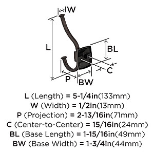 Amerock H37002ORB | Kinsale Double Prong Decorative Wall Hook | Oil Rubbed Bronze Hook for Coats, Hats, Backpacks, Bags | Hooks for Bathroom, Bedroom, Closet, Entryway, Laundry Room, Office