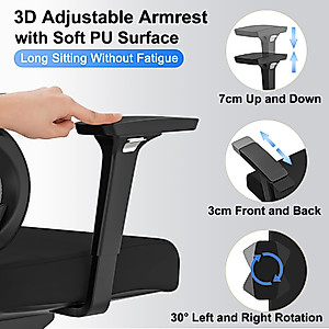 HUAUR C19 Ergonomic Mesh Office Chair with Adjustable Height Lumbar Support，3D Armrest & Headrest，Tilt Function，Blade Wheel for High Back Desk Chair，Swivel Big and Tall Computer Chair (Black)