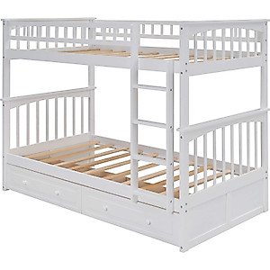 Bunk Beds Twin Over Twin with Drawers, Solid Wood Bunk Beds with Ladder for Boys Girls Teens Adults, White