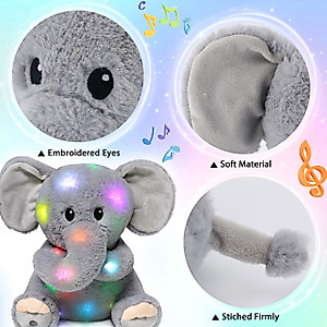 Hopearl LED Musical Stuffed Elephant Lighting Up Singing Plush Toy Adjustable Volume Lullaby Animated Soothe Birthday Festival for Kids Toddler Girls, Gray, 11''