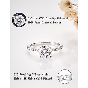 Jamitee Moissanite Solitaire Engagement Rings for Women, 925 Sterling Silver Women's Engagement Rings with 18K White Gold Plated Travel Fake Engagement Rings Wedding Promise Rings for Her 2CT Size 4