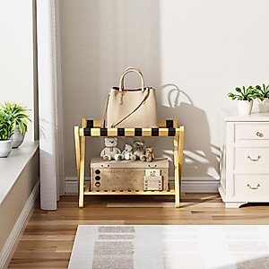 SMIBUY Luggage Rack, Foldable Bamboo Suitcase Stand with Storage Shelf for Guest Room, Bedroom, Hotel, Heavy-Duty, 1 Pack (Natural)