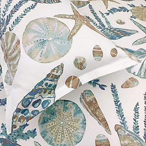 FADFAY 5Pcs Cotton Beach Themed Coastal Duvet Cover Set King/Cal King Size, 1 Duvet Cover + 4 King Size Pillowcases