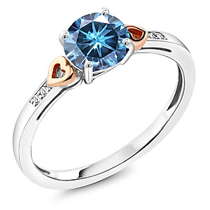 Gem Stone King 925 Silver and 10K Rose Gold Persian Blue Moissanite and White Diamond Solitaire Engagement Ring For Women (1.03 Cttw, Round 6.5MM, Gemstone Birthstone, Size 6)