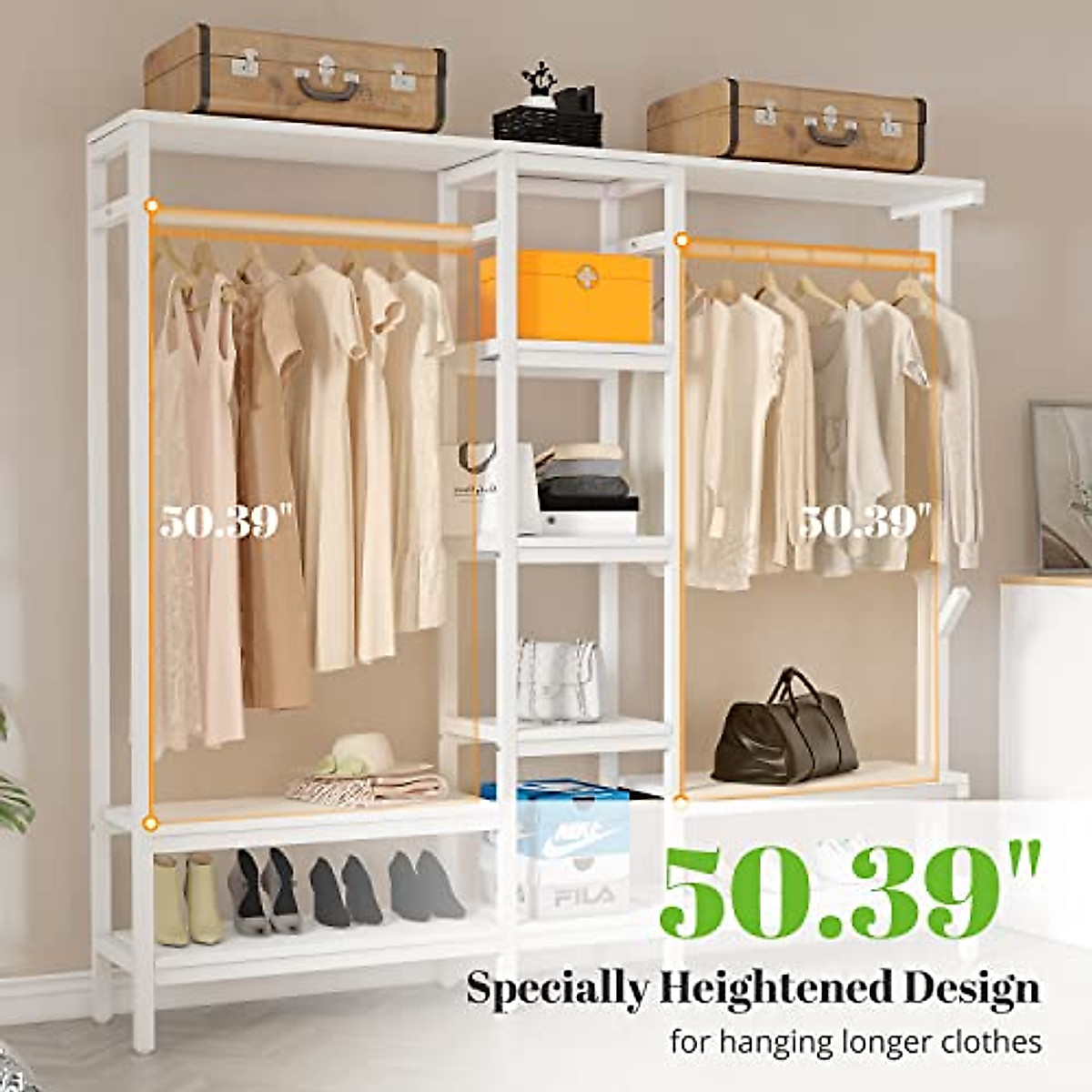 HOKEEPER Heavy Duty Free Standing Closet Organizer with 8 Shelves and Coat Rack Extra Large Wardrobe Closet Clothing Rack for Hanging Clothes Closet Storage Garment Rack for Bedroom 1000lbs White