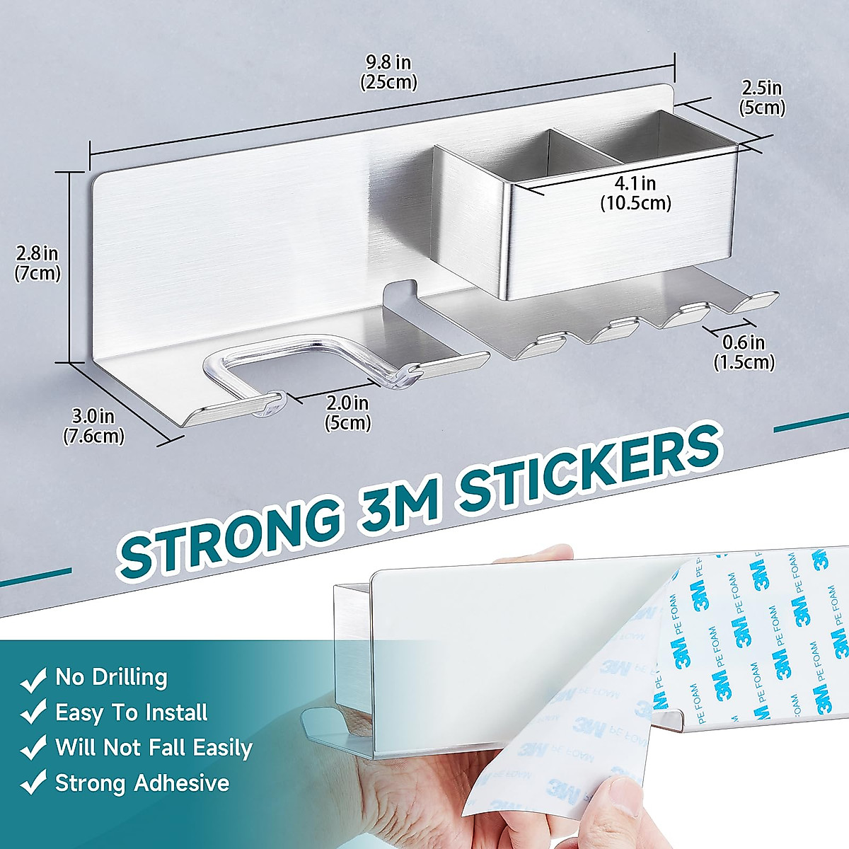 Hair Dryer Holder Wall Mounted, Blow Dryer Organizer, Hair Tool Organizer, Adhesive Blow Dryer Holder for Bathroom, Stainless Steel Hair Dryer Stand with Plug Hook & Storage Compartment