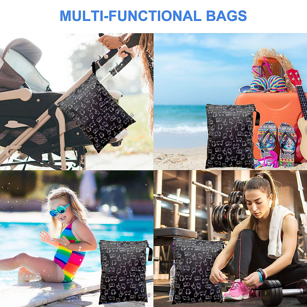 FLOCK THREE Waterproof Wet Bag Reusable for Wet Clothes Baby Diapers Stroller Swimsuit Travel Washable toiletries Pouch Large Electronics case 12.6'' x 16.5'' (Black Cats)