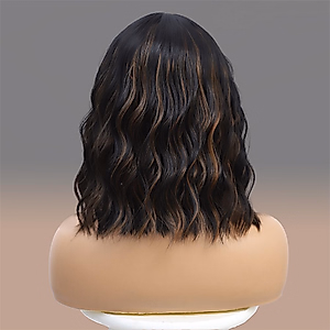 WAVE&BREEZE 14 Inch Black Mixed Brown Highlights Wigs for Women Short Wavy Curly Wig With Bangs Natural Looking Synthetic Hair Wigs Heat Resistant Fiber Wig for Daily Party (Black Mixed Brown)