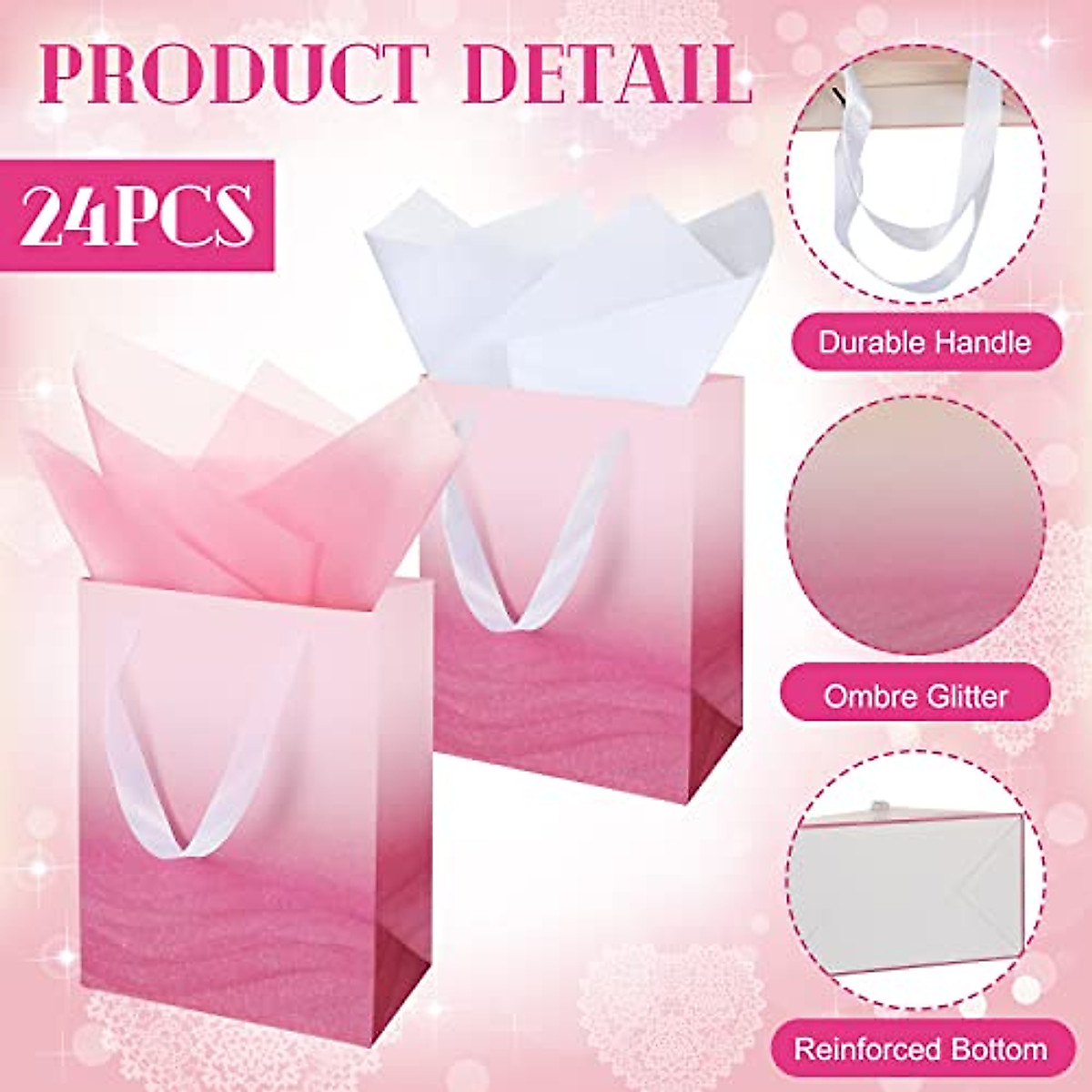 Jeyiour 24 Pcs Ombre Gift Bags Bulk with 48 Pcs Tissue Paper, 9 x 7 x 4 Inch, Glitter Graduation Paper Gift Bag, Packaging for Wedding Birthday Party Favor (Pink)
