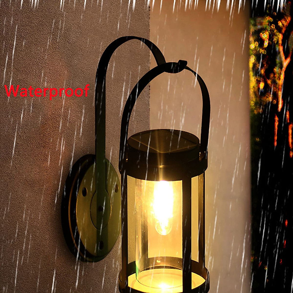 Lxcom Lighting Solar Wall Light Outdoor Solar Deck Lights Solar Powered LED Wall Light Lantern with Hook Decorative Solar Fence Lights Waterproof Wall Sconce for Home Garden Lawn, Warm White