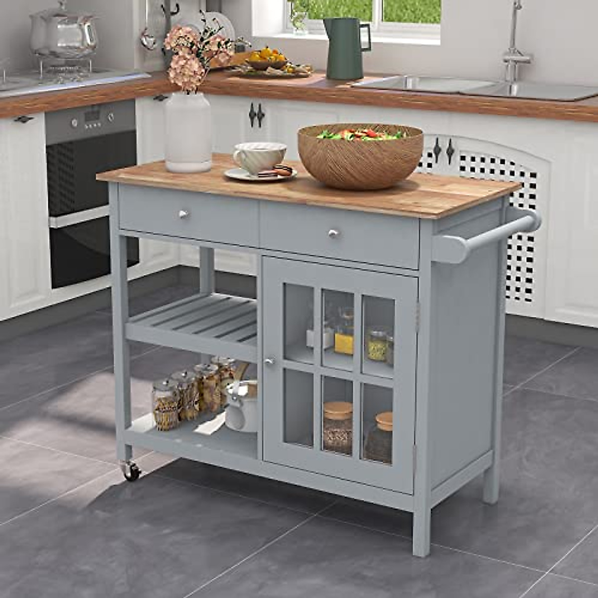 ChooChoo Rolling Kitchen Island, Portable Kitchen Cart Wood Top Kitchen Trolley with Drawers and Glass Door Cabinet, Wine Shelf, Towel Rack, Gray