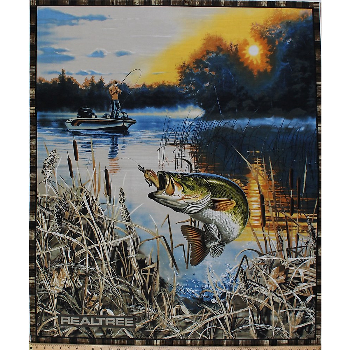 36" X 44" Panel Realtree Bass Fishing Fisherman Fish Scenic Cotton Fabric Panel (9939)